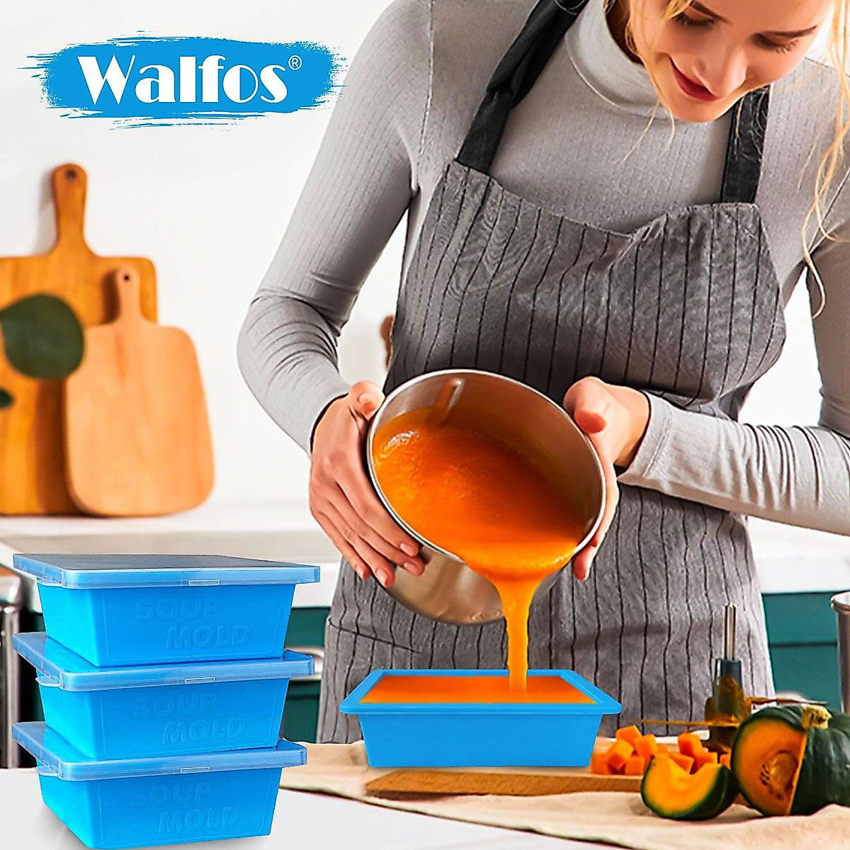 Walfos 2cup Silicone Freezing Tray with Lid - Easy Meal Prep Container and Kitchen Storage Solution, Make Perfect Freezing,Storing Soups, Foods, Stews, Dips or Sauces Simple and Convenient-4-PACK BLUE