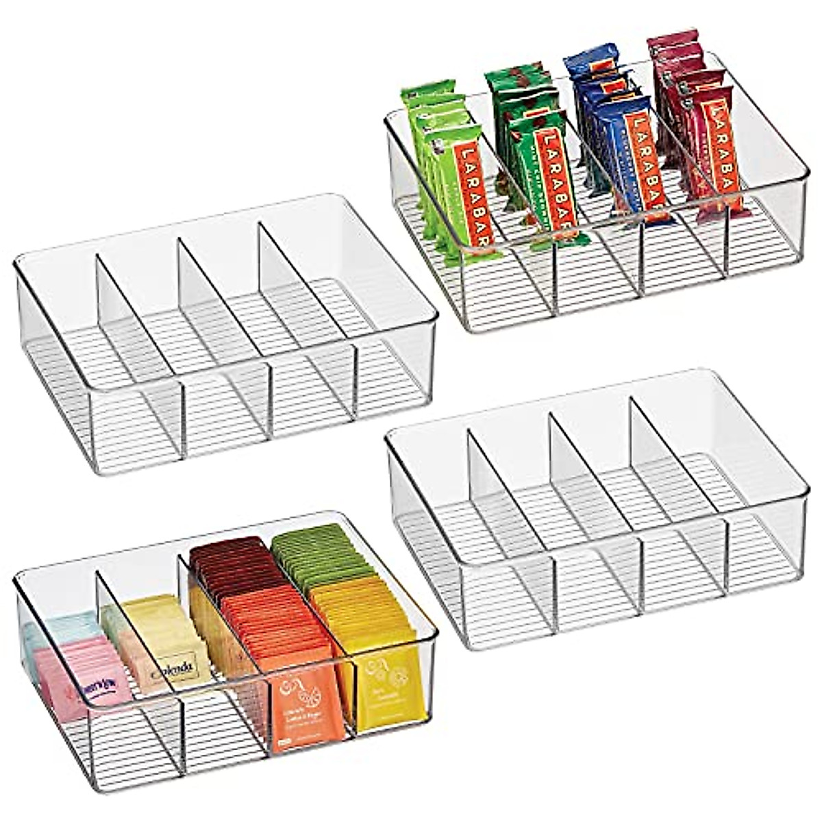 mDesign Plastic Stackable Tea Bag Storage Organizer Bin with 4 Divided Compartments - Holder for Kitchen Cabinet, Pantry, Countertop - Holds Sugar Packets, Coffee Pods, Ligne Collection, 4 Pack, Clear