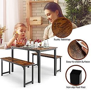 Moccha 3-Piece Dining Table Set for 4, 43" Modern Dining Room Table Set w/2 Benches & Metal Frame, Space Saving Kitchen Table Set for Living Room, Breakfast, Small Space (Rustic Brown & Black)