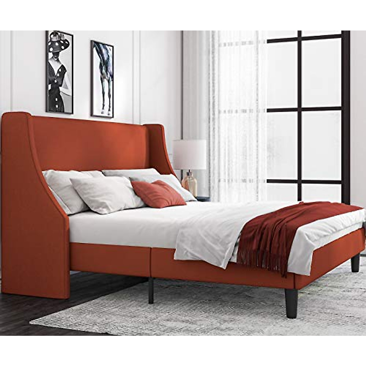 Allewie Queen Bed Frame, Platform Bed Frame Queen Size with Upholstered Headboard, Modern Deluxe Wingback, Wood Slat Support, Mattress Foundation, Burnt Orange
