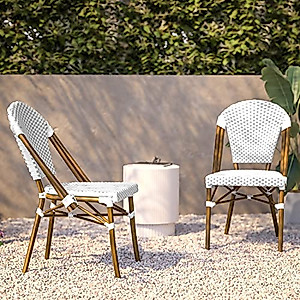 Flash Furniture Lourdes Set of 2 Indoor/Outdoor Commercial Bistro Stack Chairs - White/Gray PE Rattan Back and Seat - Natural Bamboo Print Aluminum Frame