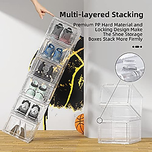 Upgrade Solid Shoe Storage Boxes, 6 Pack Shoe Box Clear Plastic Stackable, Shoe Organizer Box, Drop Front Shoe Box, Plastic Display Shoe Boxes, Shoe Containers for Sneaker Storage Up to US Size 12