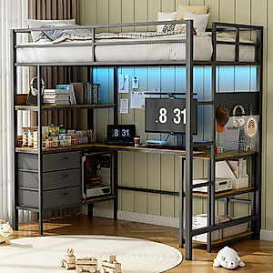 Loft Bed with Desk, Metal Loft Bed Twin Size with LED Lights and Charging Station, 6 Storage Shelves and 3 Fabric Drawers, Modern Bunk Bed with Desk for Teens and Adults, No Box Spring Needed (Black)