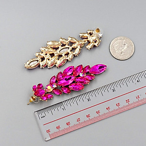 Womens Crystal Rhinestone Dangle Earrings Fuchsia Hot Pink for Proms Wedding Party