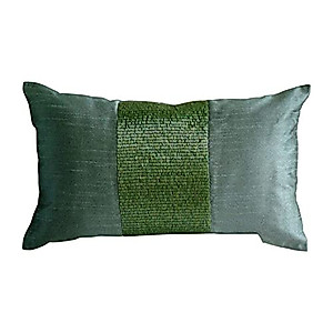 The HomeCentric Green Pillow Covers 12x20 inch (30x50 cm), Green Lumbar Pillow Cover, Metallic Beaded Centered Sparkly Lumbar Pillow Cover, Rectangle Silk Lumbar Pillow Cover Solid - Green Center