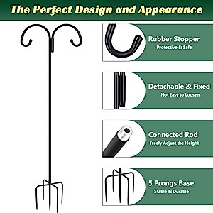 Gtongoko 92 Inch 2 Pack Adjustable Double Shepherd Hook for Outdoor with 5 Prong Base, 5/8 Inch Thick Heavy Duty Bird Feeder Pole for Bird Feeder Lanterns Weddings Decor