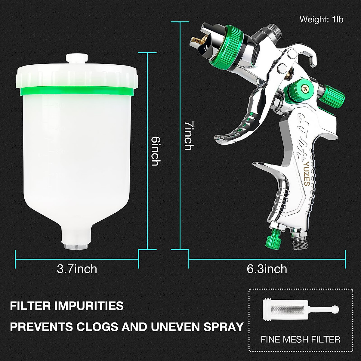 YUZES HVLP Spray Gun with 1.4/1.7/2.0mm Copper Nozzles, Automotive Paint Gun Set, Spray Paint Gun with Air Regulator and 10 PCS Paper Funnel, Paint Gun for Cars Primer, Furniture, DIY (Green)