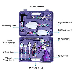 Garden Tools Set, JUMPHIGH 10 Pieces Gardening Tools with Purple Floral Print, Ergonomic Handle Trowel Rake Weeder Pruner Shears Sprayer, Garden Hand Tools with Carrying Case Gardening Gifts for Women