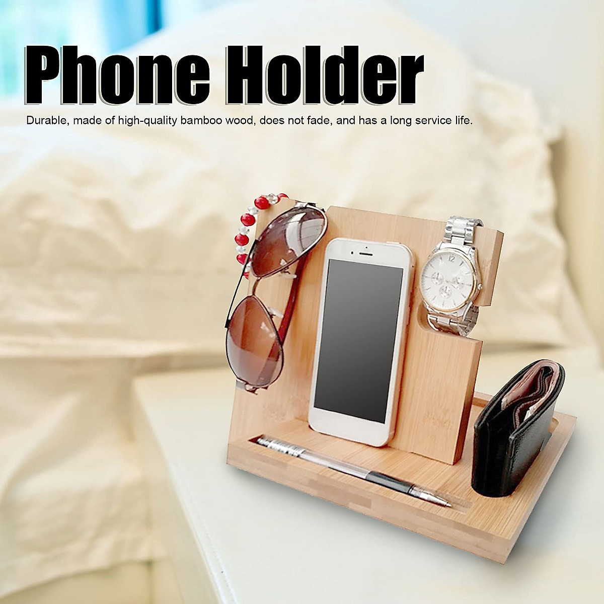 Wood Charger Dock Stand Nightstand Organizer for Men Multi Device Charging Station Wood Tablet Holder Desk Accessies for Smartphone Cellphone Watch Pad