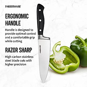Farberware Edgekeeper 8-Inch Forged Triple Riveted Chef Knife with Self-Sharpening Blade Cover, High Carbon-Stainless Steel Kitchen Knife with Ergonomic Handle, Razor-Sharp Knife, Black