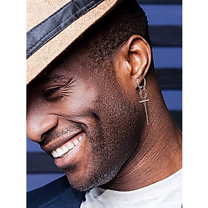 12 Pieces Hoop Dangle Earrings for Men Stainless Steel Hanging Pendant Hinged Hoop Earrings Long Chain Cross Huggie Earrings Fashion Piercing Jewelry Gift for Unisex Men Women (Silver)