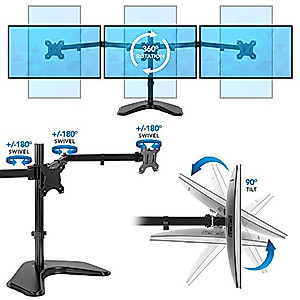 Mount-It! Triple Monitor Stand - Freestanding Computer Desk Mount Fits Up to 27 Inch Monitors, VESA 75, 100 Compatible
