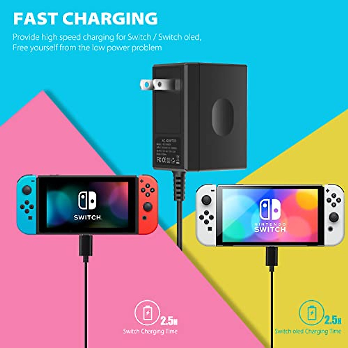 Charger for Nintendo Switch, YCCTEAM Charger AC Adapter Power Supply 15V 2.6A Fast Charging Kit Compatible with Switch OLED/Switch Dock and Pro Controller (Support TV Mode),Black