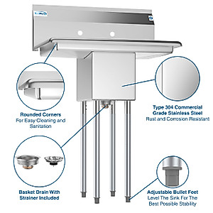 KoolMore - SA101410-10B3 1 Compartment Stainless Steel NSF Commercial Kitchen Prep & Utility Sink with 2 Drainboards - Bowl Size 10" x 14" x 10", Silver