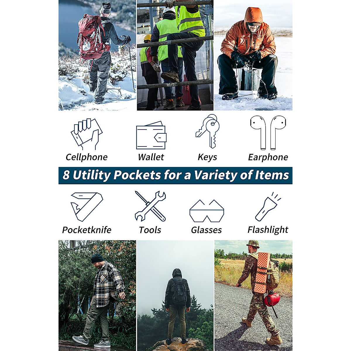 GSGGIG Men's Fleece Lined Camo Hiking Tactical Ripstop Pants Winter Outdoor Work Cargo Pants with 8Pockets No Belt JR55 Black CP CAMO 32