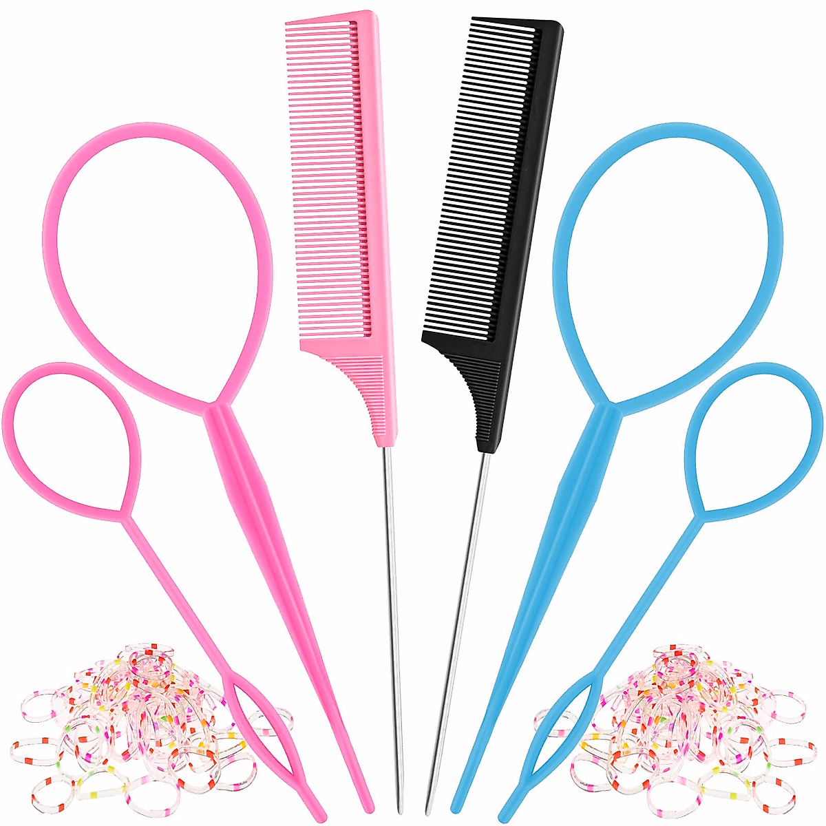 6Pcs Hair Loop Tool Set with 4 Tail Tools French Braid 2 Metal Pin Rat Comb for Styling, 100 Colored Children Rubber Bands. Schembo