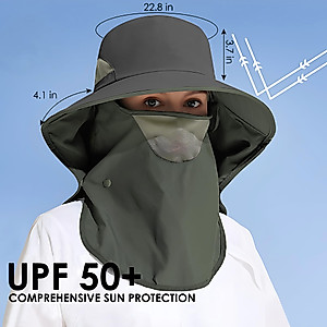 Outdoor Sun Hat Detachable Neck Face Flap UPF 50+UV Protection Visor Fishing Hats with Neck Flap for Men & Women Dark Grey