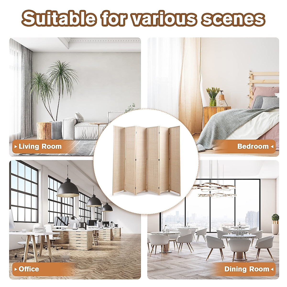 JAXPETY 6 Panel Room Divider 6ft Tall Folding Privacy Screen Freestanding Rustic and Natural Bamboo Room Partition for Home Office, Natural Color