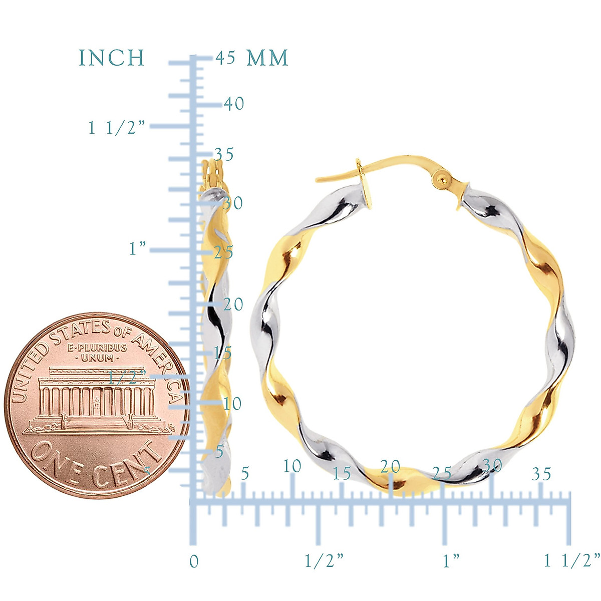 14K 2 Tone Gold Round Twisted Tube Hoop Earrings. Diameter 30mm