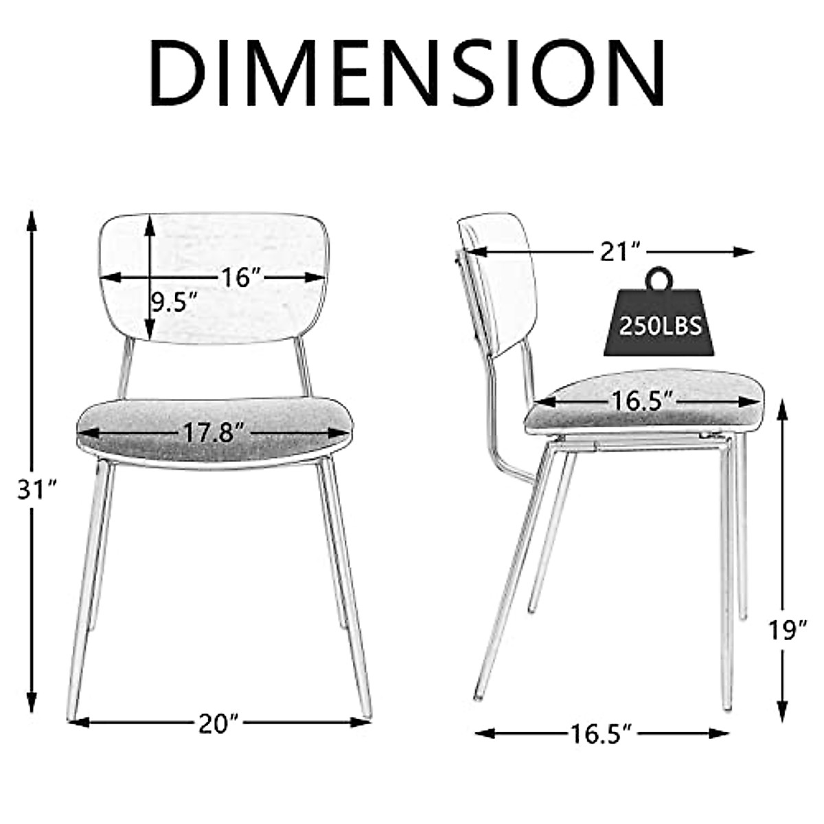 ESSIZOLE Dining Chair, Modern Linen Kitchen Dining Room Chairs Set of 2, Side Chair with Wood Back, Upholstered Armless Chairs with Metal Legs for Dining Room, Bedroom（Matte D-Brown+Grey）