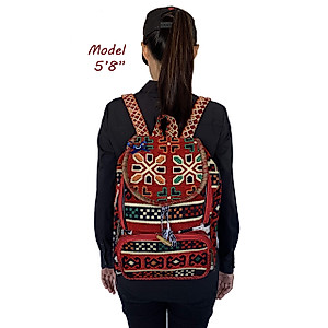 Aysesa Turkish Rug Backpack Multi Pocket Handmade Stylish Designer Daypack Ethnic Handwoven Carpet Bag for Travellers Boho Hippie Bag (Red, Rug)