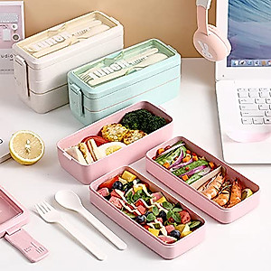 Stackable Bento Box with Lunch Bag, 3 Compartment Japanese All-in-1 Lunch Containers, Wheat Straw for Adult Meal Prep Lunch Snack by Iteryn