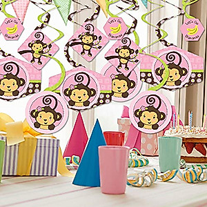 Big Dot of Happiness Pink Monkey Girl - Baby Shower or Birthday Party Hanging Decor - Party Decoration Swirls - Set of 40