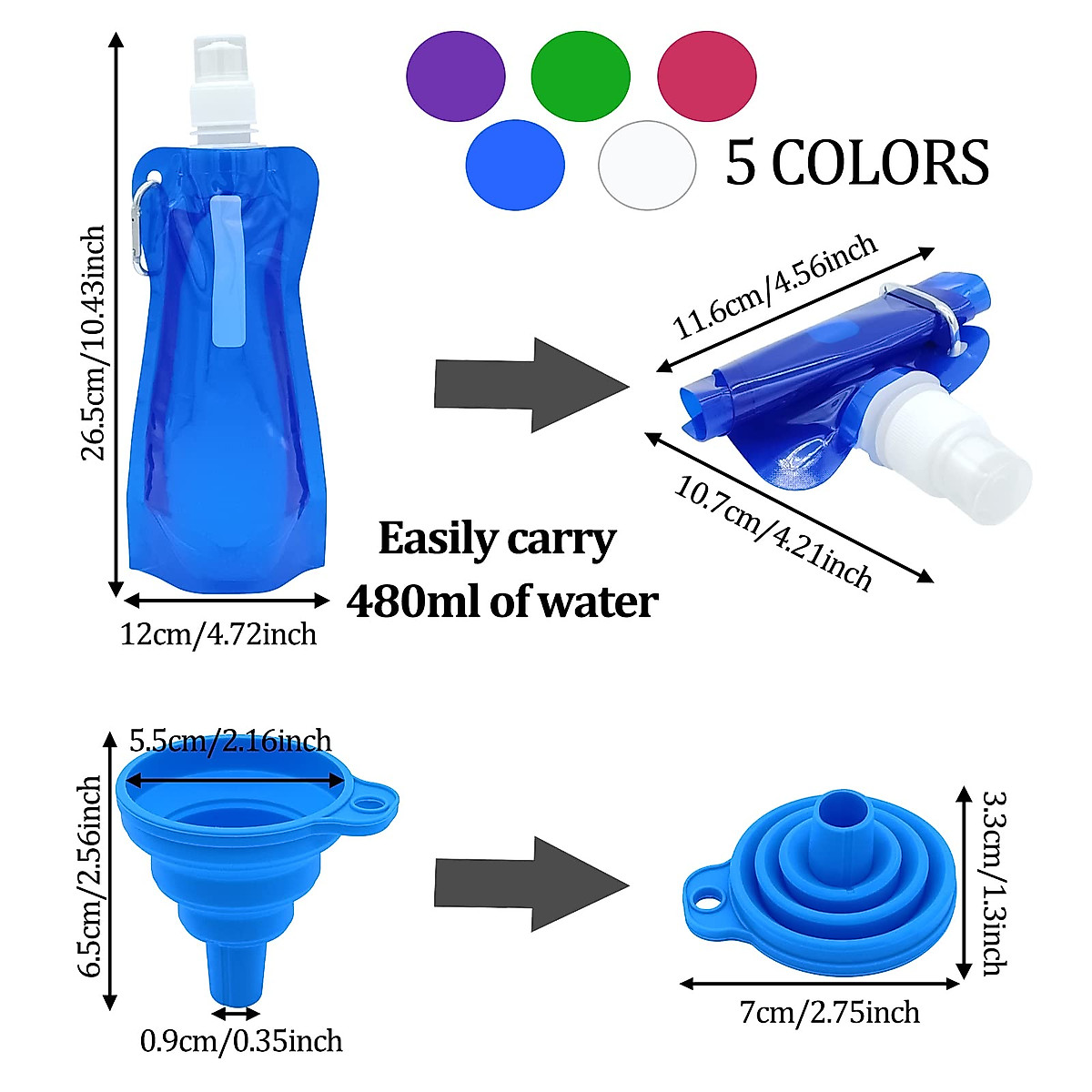 10pcs Collapsible Reusable Water Bottle with Carabiner Clip and folding funnel, for For Gym, Sports, Teams, Hiking, Camping, Biking, Outdoors, Beach, Traveling, Yoga & More, 5 Color
