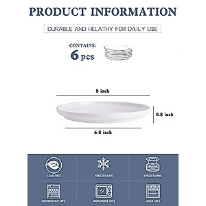 Kanwone Porcelain Dessert Salad Plates - 8 Inch - Set of 6, White, Microwave and Dishwasher Safe Plates