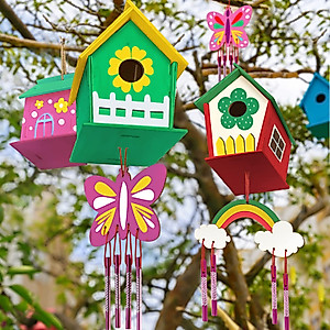 Crafts for Kids Ages 4-8 - 4 Pack DIY Bird House Wind Chime Kit - Build and Paint Birdhouses Wooden Arts Kits Easter Basket Stuffers Gifts for Girls Kids Boys Toddlers Ages 3-5 4-6 6-8 8-12