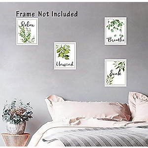 Nelly Story Relax Soak Unwind Breathe Green Leaf Bathroom Wall Decor Set of 4 Washroom Toilet Decor Botanical Art Prints Green Leaves Poster Green Bathroom Art Eucalyptus Wall Decor (8x10inch) Unframed