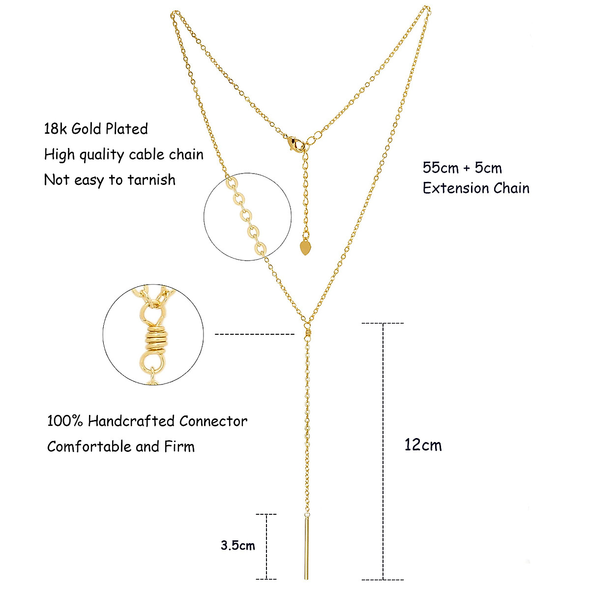 Aobei Pearl 18K Gold Vertical Bar Necklace Long Lariat Y-shaped Chain Dainty Minimalist Jewelry for Women