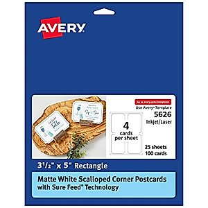 Avery Postcards with Scalloped Corners and Sure Feed Technology, 3.5" x 5", Matte White, 100 Cards Total, Laser/Inkjet Printable Cards (5626)