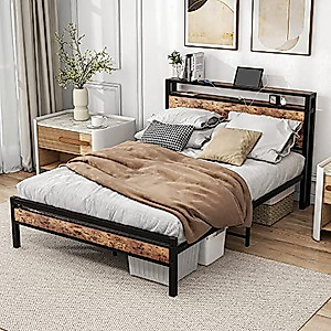 BOFENG Full Size Bed Frame with Storage Headboard/Charging Station,Heavy Duty Metal Platform Bed Frame Full,Reinforced Steel Slats Support, No Box Spring Needed/Easy Assembly/Noise Free/Rustic Brown