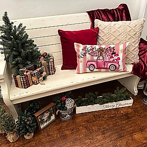 CARRIE HOME Pink Christmas Decorations Pink Christmas Tree Lumbar Pillow Covers 12x20 Set of 2 Pink Truck Decor Merry Christmas Outdoor Throw Pillows 12 x 20 for Porch and Patio (No Pillow Inserts)