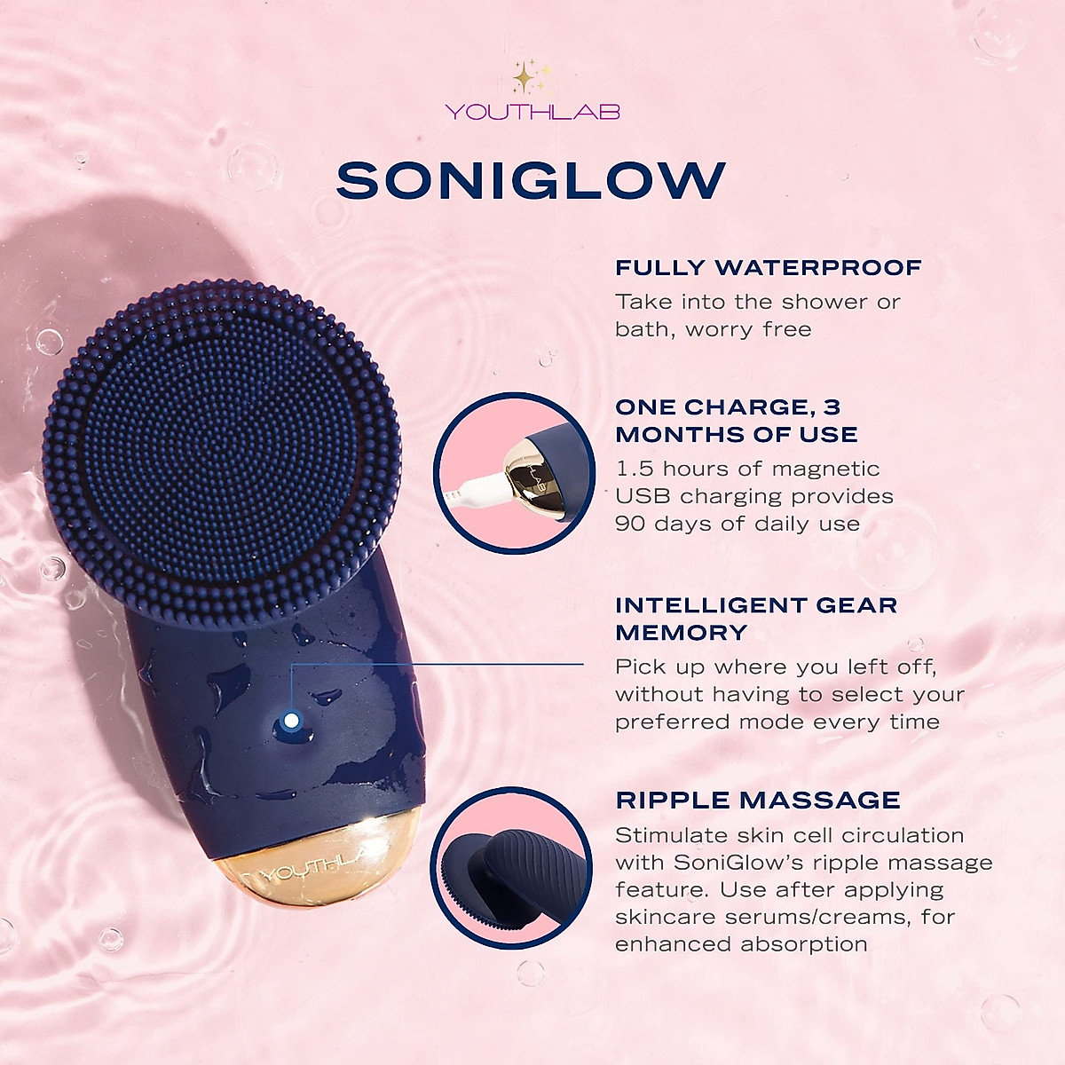 YouthLab SoniGlow, Navy, Silicone Facial Skin Cleansing Brush, Electric, Vibrating, Scrubber, Hygienic, Exfoliation, Massage, Firm, Tone, Blackheads, Pores, Waterproof, Rechargeable, Makeup Removal