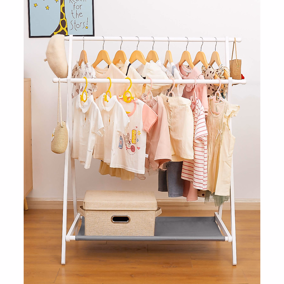 Cozivolife Kids Clothing Rack with 2 Hanging Rods and 4 Hooks, Kids Dress Up Rack with Bottom Storage Shelf, Child Garment Rack, Small and Foldable, Bamboo (White)