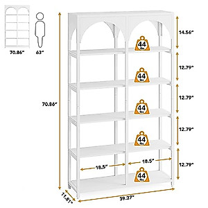 Tribesigns 5 Tiers White Tall Bookshelf: 70.9 Inches Modern Arched Display Shelves, Freestanding Wood and Metal Open Etagere Bookcase, Wall Book Shelf for Living Room Bedroom Office