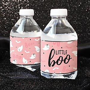 Pink A Little Boo is Almost Due Girl Baby Shower Water Bottle Labels, Halloween Baby Shower Waterproof Stickers for Water Bottles - 24 Count