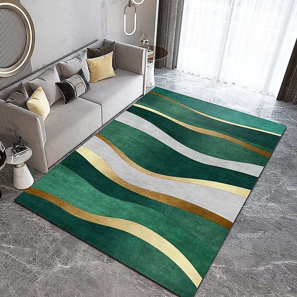 Nordic Luxury Emerald Green Gold Gray Line Living Room Rug, Modern Minimalism Stripes Bedroom Rug, Non Slip Foldable Machine Washable Non-Slip Throw Rugs for Dining Room Bedroom Floor 6.6ftx5.3ft