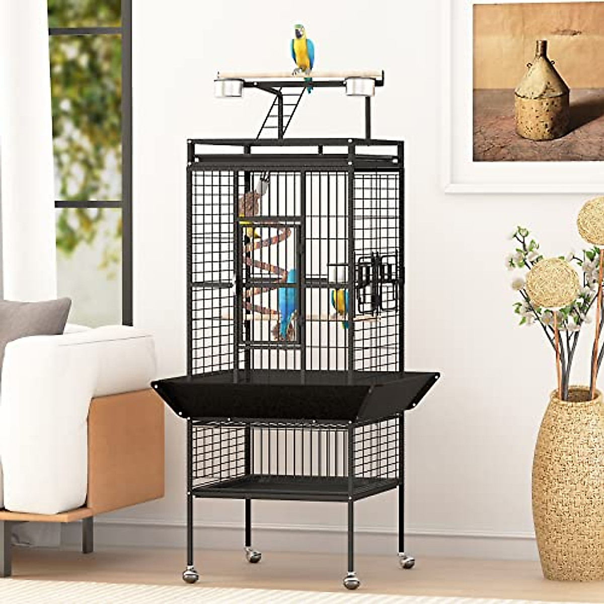 61'' Bird Cage, Large Bird Flight Cages Aviary with Rolling Stand & Bottom Tray, Wrought Iron Birdcage with PlayTop & Rope Bungee Bird Toy for Parakeet, Parrot, Lovebirds, Pigeons, Cockatiels, Macaw