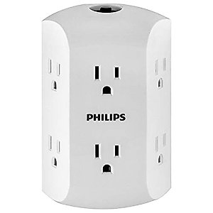 PHILIPS 6-Outlet Extender with Resettable Circuit Breaker, Grounded Adapter, Multi Outlet Wall Charger, Side Access, Space Saving Design, Wall Tap, White, SPS1460WH/37