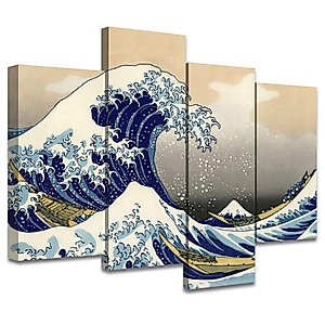 SIGNLEADER 4 Panel Large Japanese The Great Wave Landscape Canvas Wall Art for Living Room Bedroom Home Office Wall Decor - 48"x35.75"