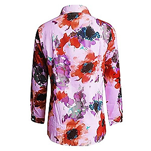 lcziwo Button Down Floral Printed Shirts for Women Casual Turn -Down Collar Blouse Shirt Long Sleeve V Neck Top Purple