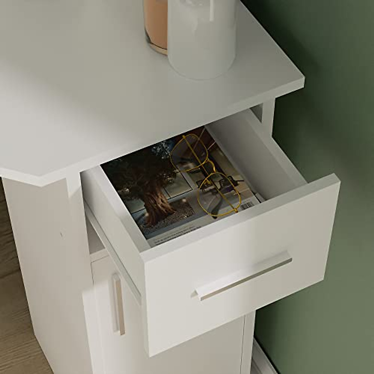 Cozy Castle Corner Vanity Set, Makeup Vanity Desk with Mirror and Lights, Vanity Table with Drawer and Adjustable Shelf for Bedroom, White