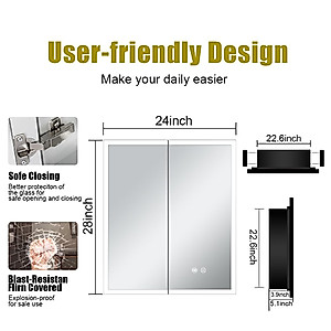 Janboe LED Medicine Cabinet with Light,24×28inch,Recess Mirror Cabinet for Bathroom,3 Color,Dimmable,Demister,Detachable Side Plate,Recess Mount or Surface Mount