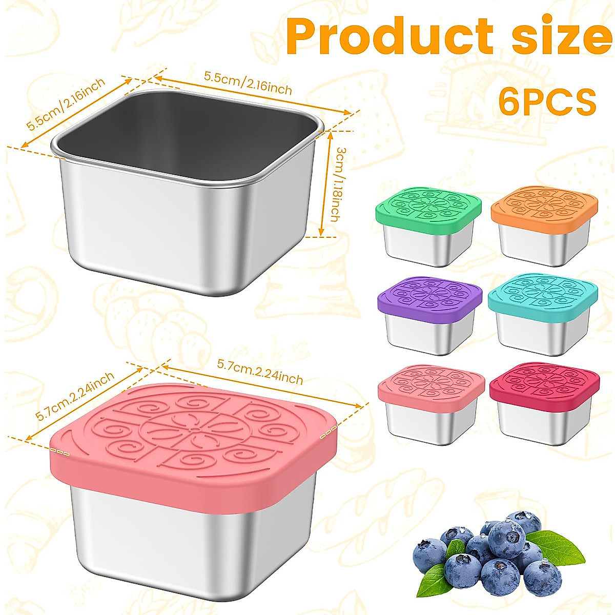 6 Pcs Stainless Steel Sauce Containers,2oz Metal Mini Snack Food Store Box Containers and Silicone Lids, Reusable Small Portable Boxes, Dishwasher Safe for Daycare School Office Travel, Leakproof