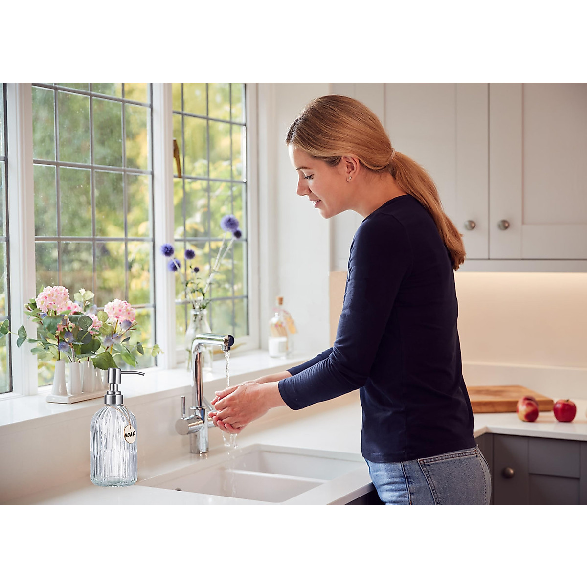 Vorey 16 Oz Glass Soap Dispenser with 304 Stainless Steel Pump, Refillable Liquid Hand Soap Dispenser for Kitchen, Bathroom, Farmhouse Decor Accessories (2 Pcs Clear, Vertical Grain)