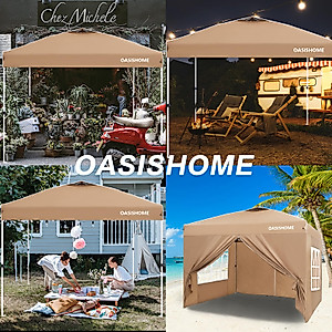 OASISHOME Pop-up Gazebo Instant Canopy Tent 10'x10', with 4 Sidewalls, Windows, Wheeled Bag, for Patio/Outdoor/Wedding Parties and Events (10FTx10FT, Khaki)
