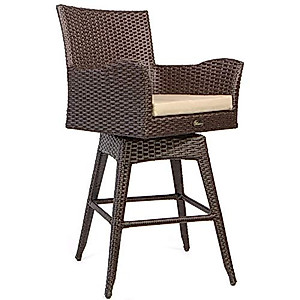 Barton 2 Pieces Swivel Bar Stool w/Foot Rest Weather Resistant Fabric Cushion Outdoor Patio Furniture Wicker Rattan